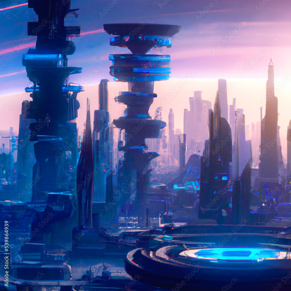 Digital concept art of futuristic cityscape. Future city alien world ...