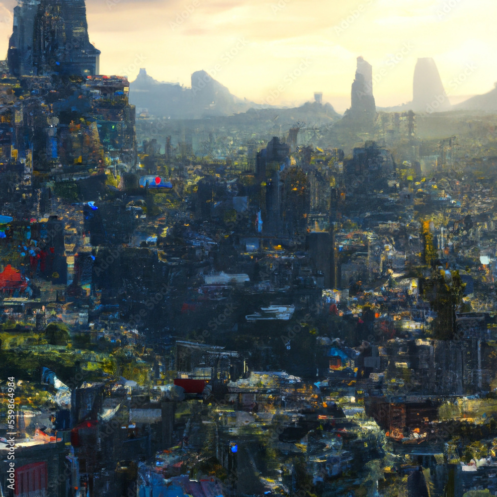 Digital concept art of futuristic cityscape. Future city alien world ...