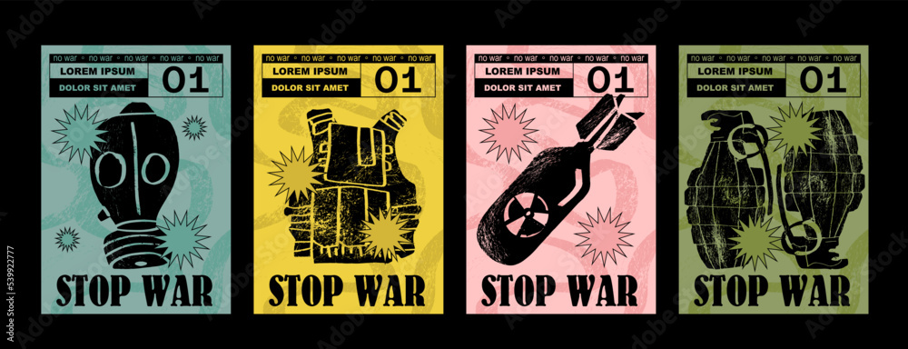 Anti-nuclear war propaganda poster. No to War, Stop War. Set of vector ...