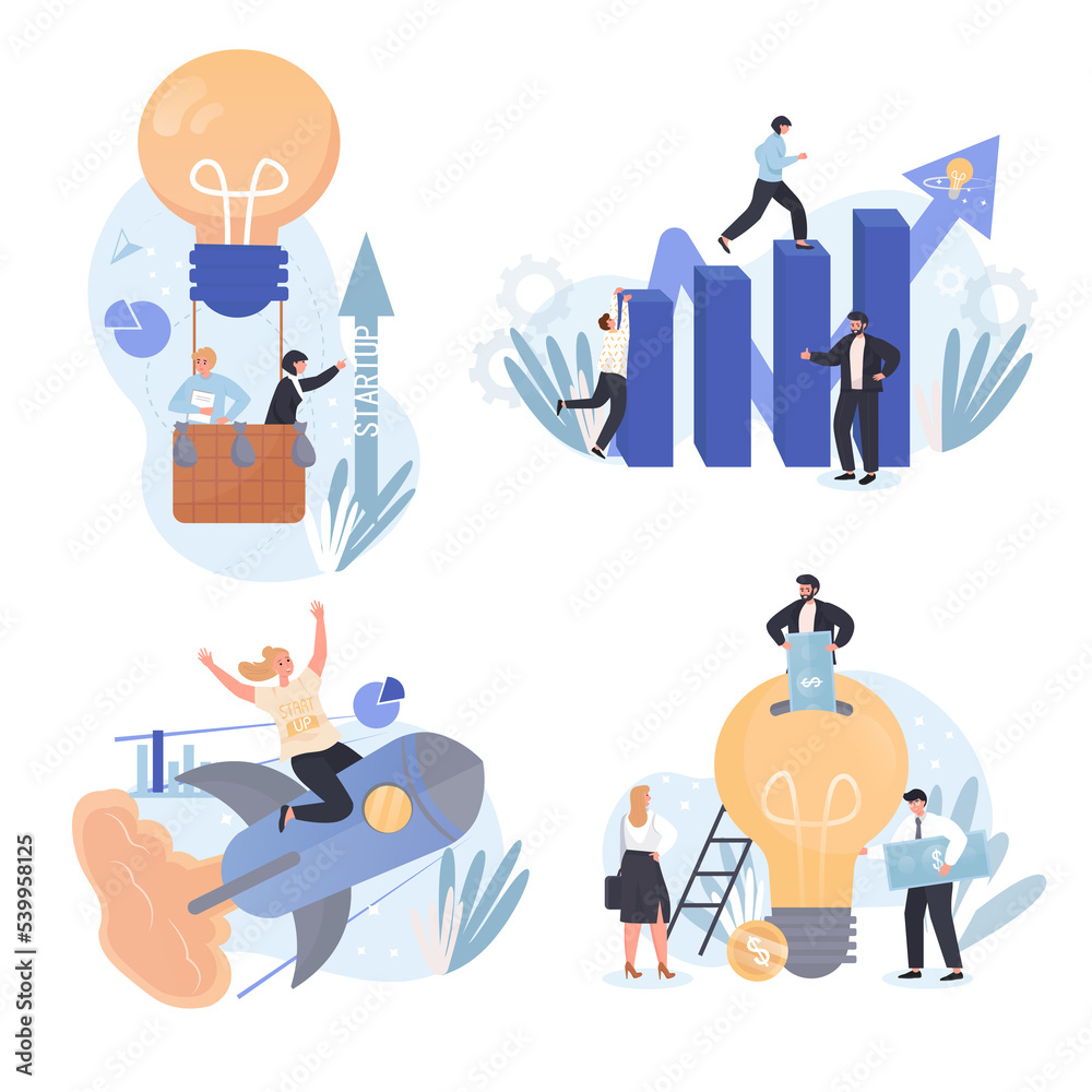 Startup concept scenes set. Team start new success business ...