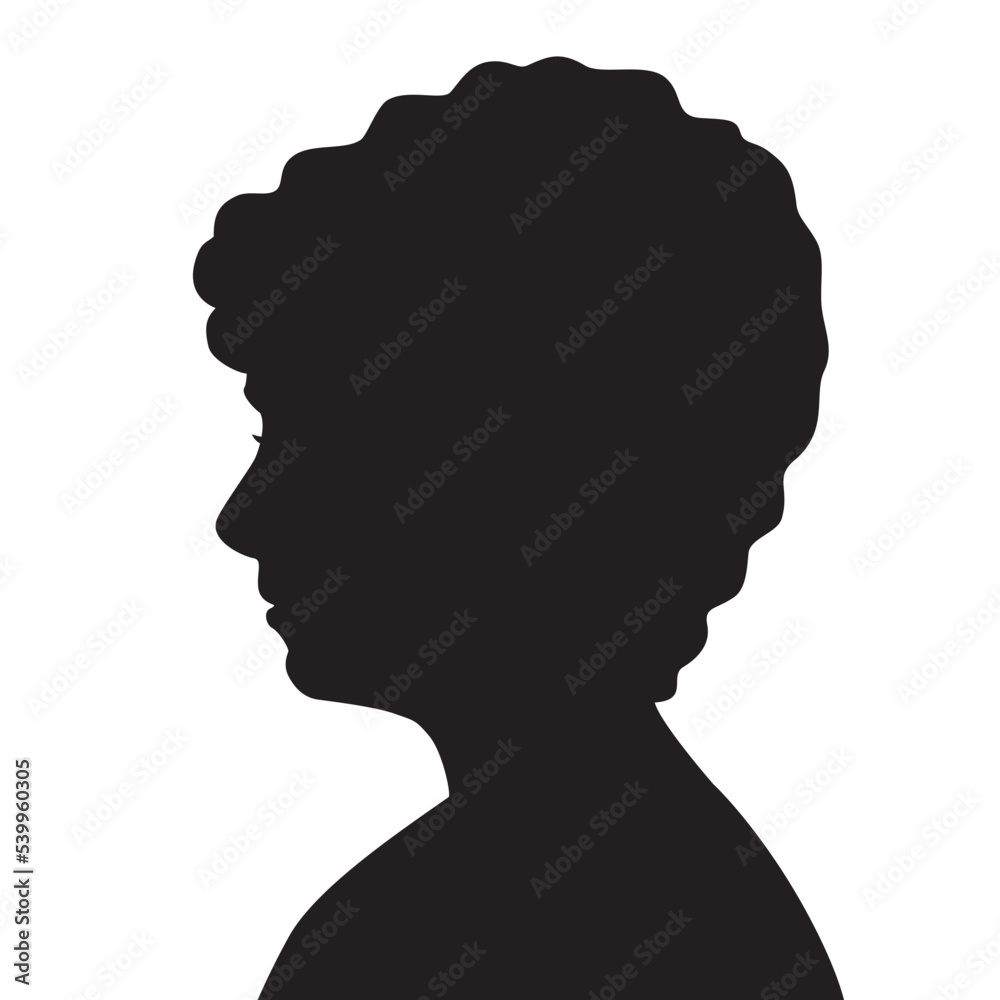 Black silhouette of a young man. Teenage boy with curly hair, side view ...