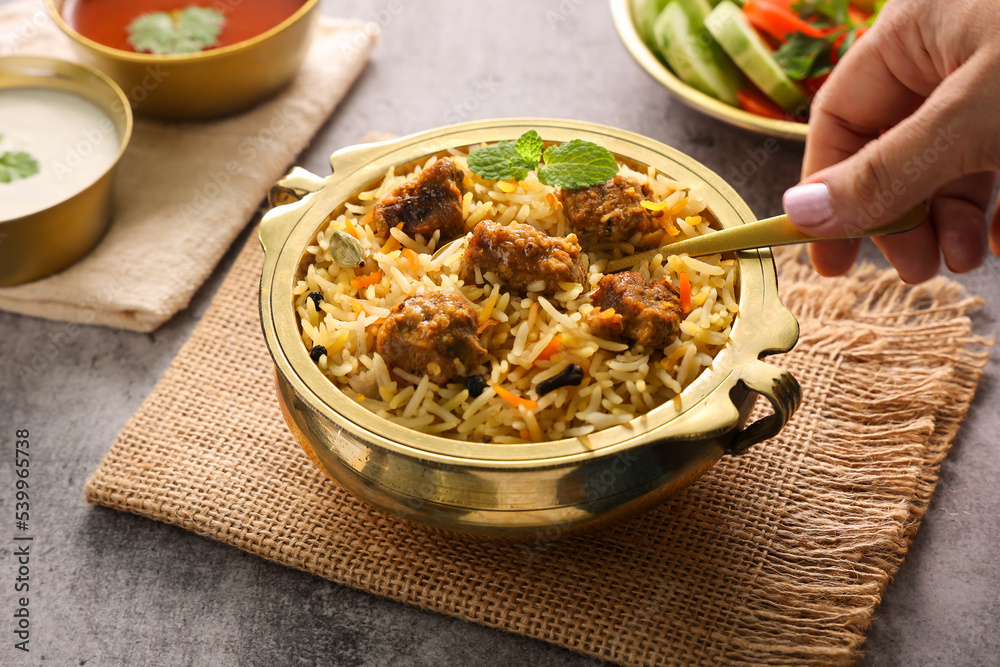 Mutton Gosht Biryani Spicy Indian Malabar lamb meat biryani Hyderabadi ...