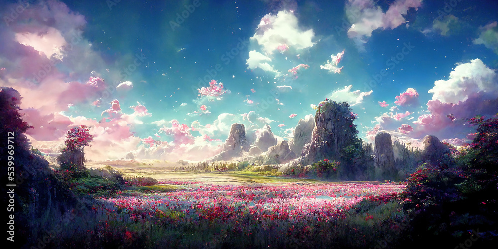 WIde Angle Japanese Anime Landscape Background. Clear Sky with Dynamic ...