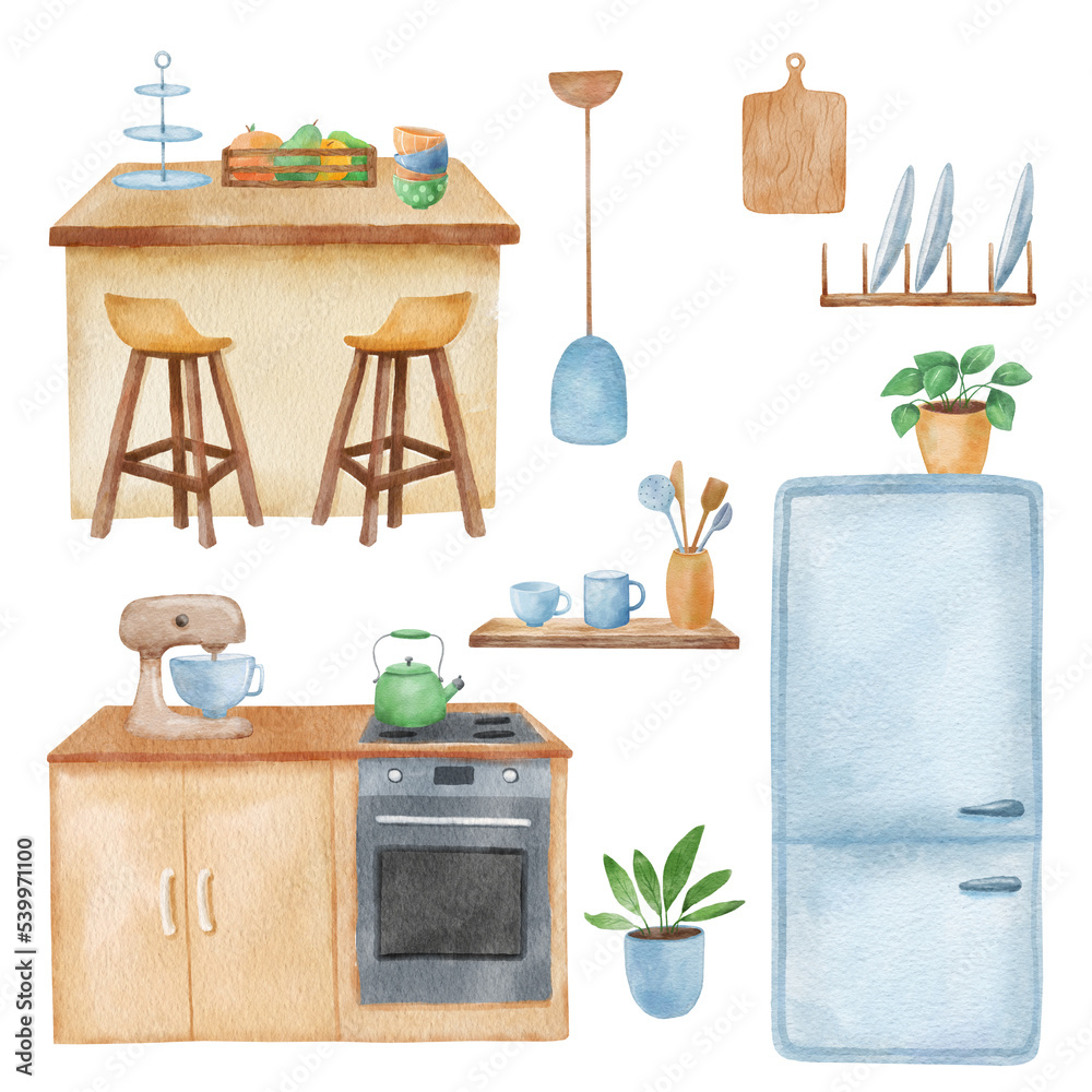 Watercolor kitchen interior. Stove, kettle and refrigerator drawing ...