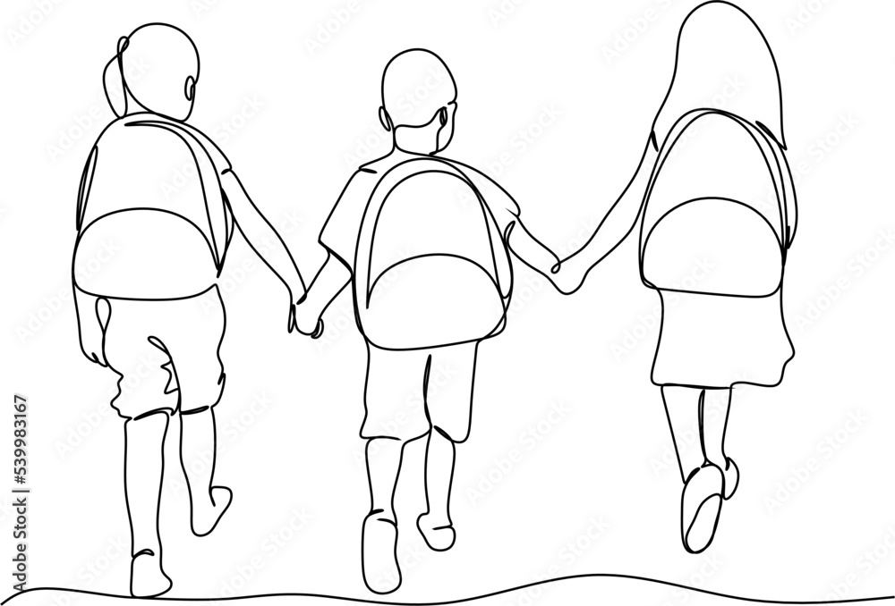 Children going to School with backpacks continuous line drawing, vector ...