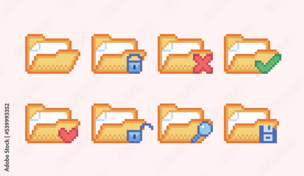 Image vectorielle Stock Computer folder pixel art set. Desktop icons ...