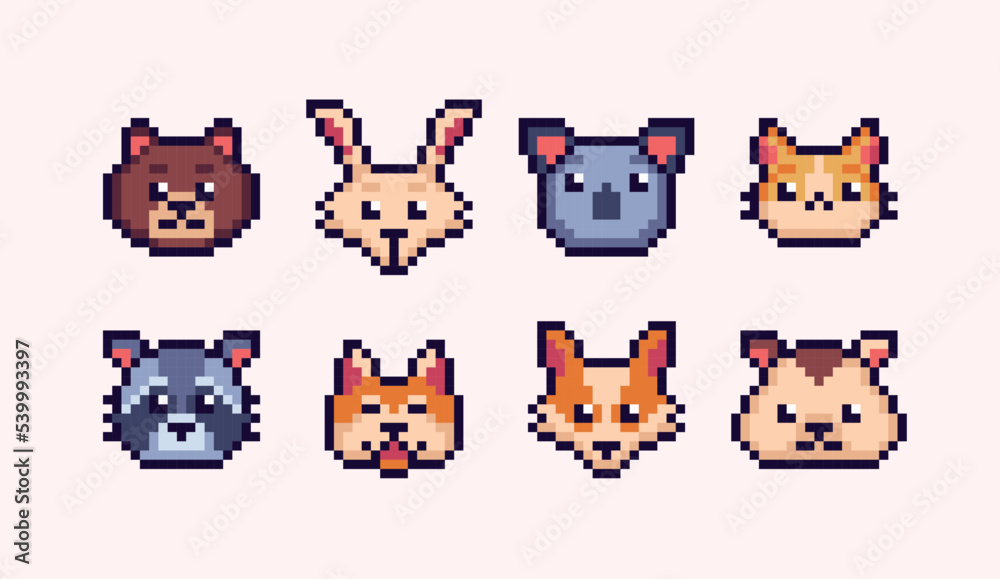 Forest animals portrait pixel art set. Wildlife characters front view ...