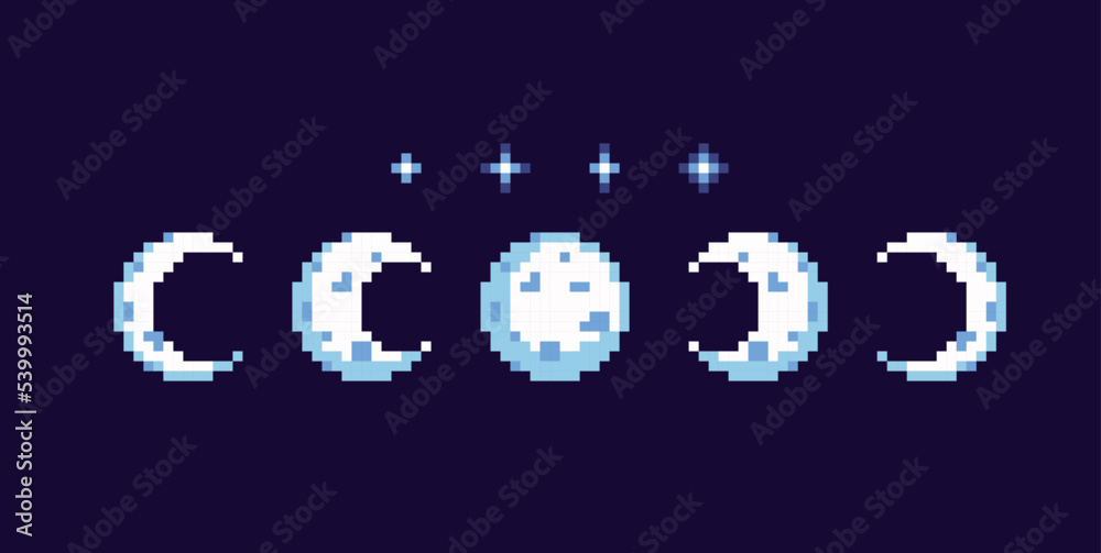 Stock-Vektorgrafik „Moon phases pixel art set. Lunar cycles collection ...