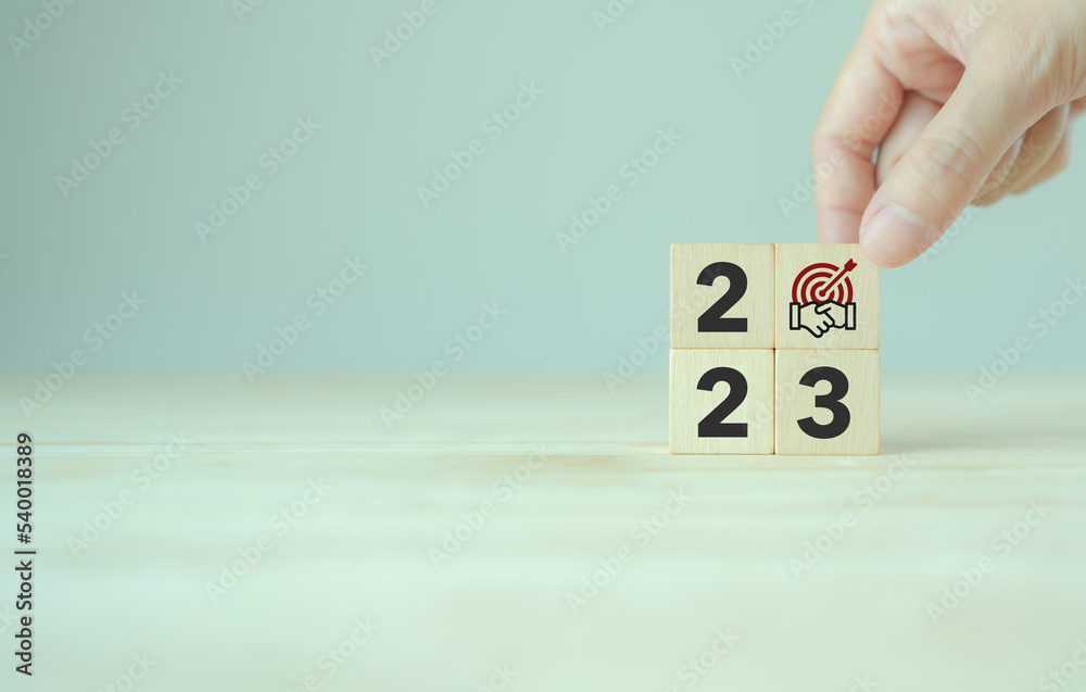 2023 Business common goals and strategies concept. Wooden cubes with ...