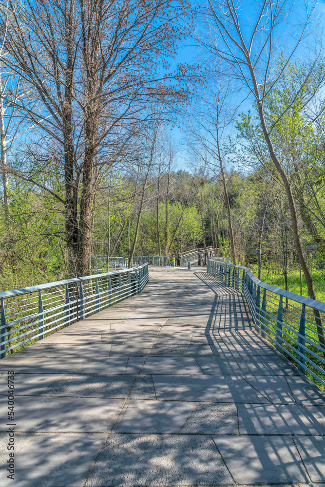 Pathway with railings in the middle of trees and fields at Austin ...
