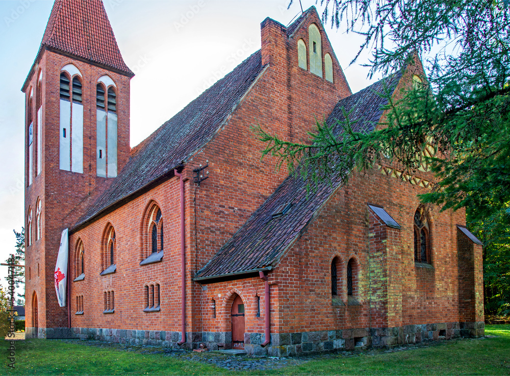 General view and architectural details of the Protestant temple ...
