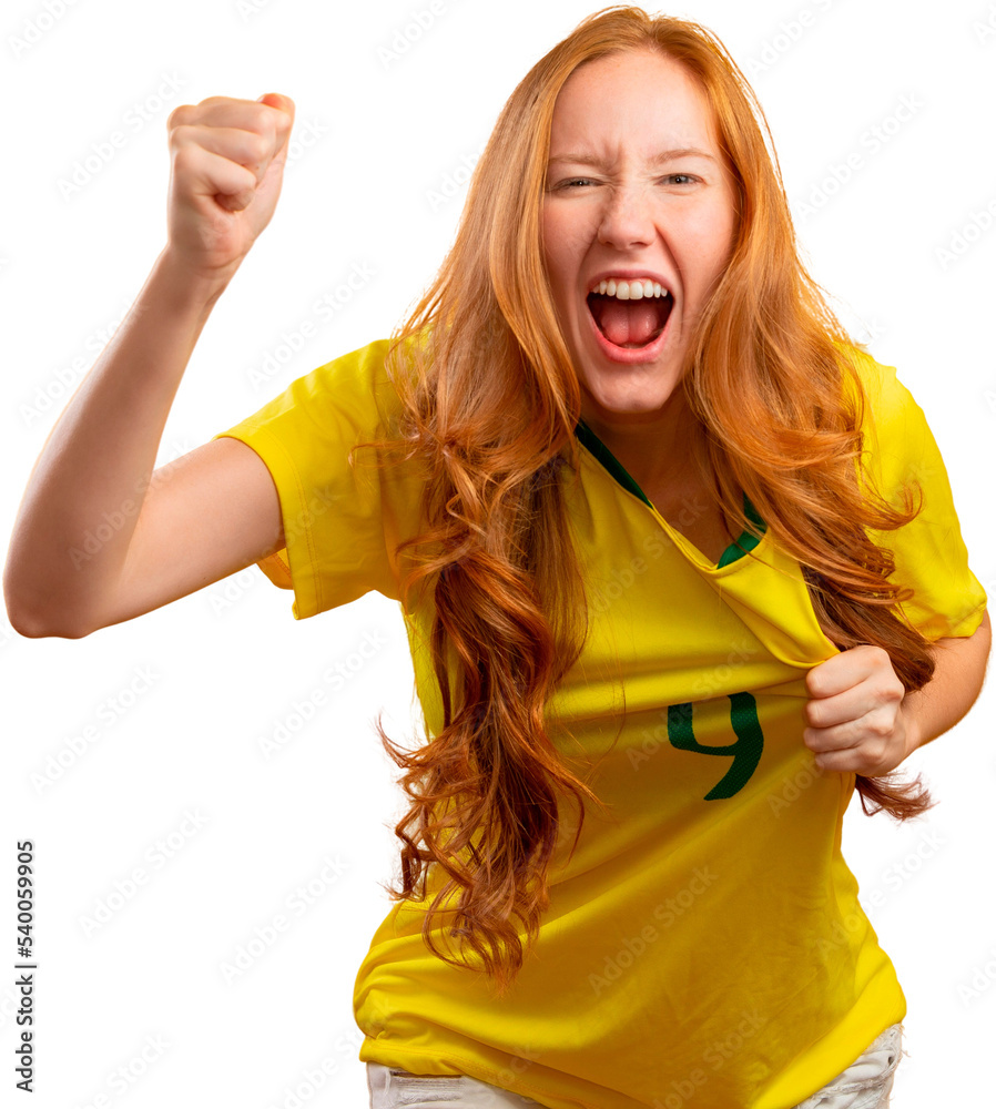 Brazil supporter. Brazilian redhead woman fan celebrating on soccer ...