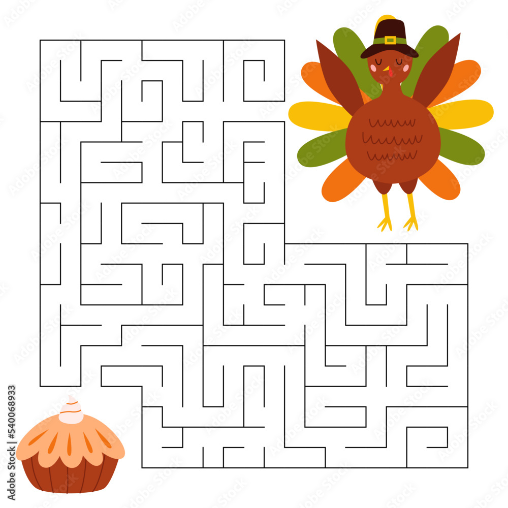 Maze game for kids. Cute pilgrim turkey looking for a way to the ...