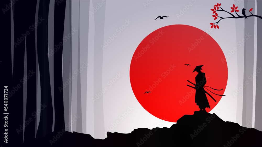 Stock-Vektorgrafik „silhouette of a samurai in the night background ...