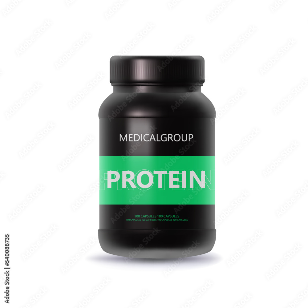 Mockup Banks black Protein sports 3d container. Amino acids Round pack ...