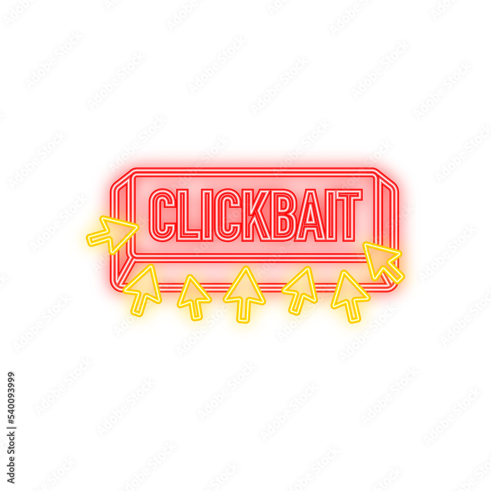 Clickbait red button. Hand click neon icon symbol. Cursor arrows, push ... Clickbait red button. Hand click neon icon symbol. Cursor arrows, push ...