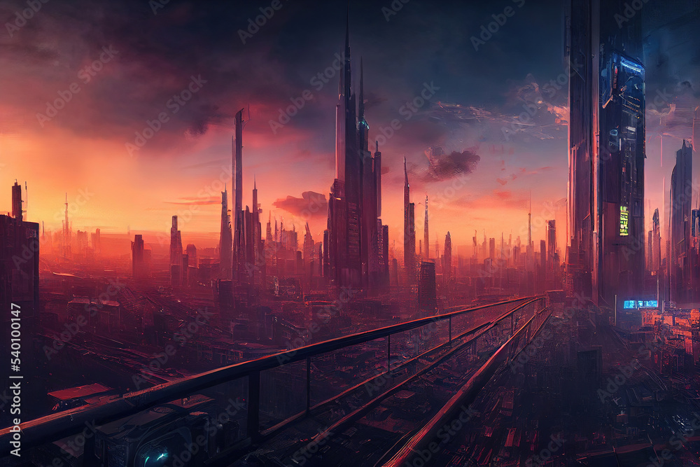 Cyberpunk City Panorama Futuristic Concept Art Illustration Stock