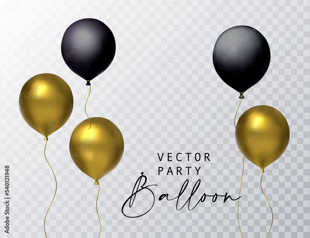 Balloon black gold party set isolated on transparent background. Vector ...
