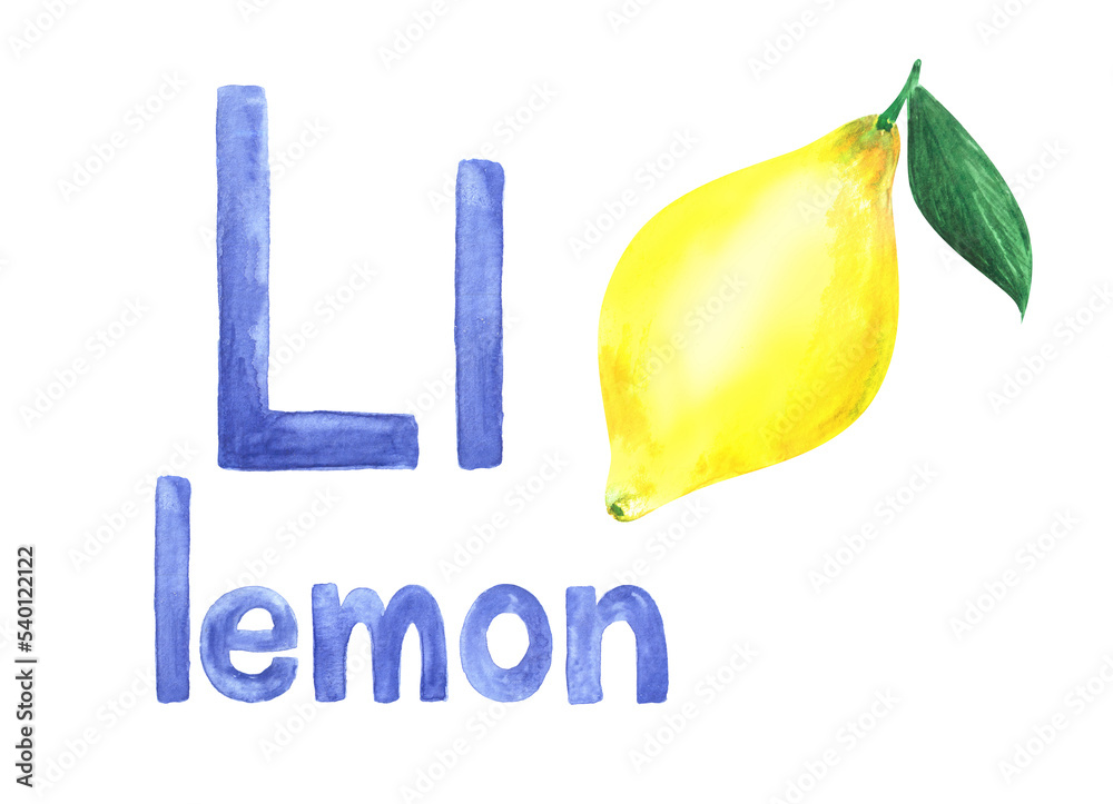 Aquarelle letter L for written word "lemon", pictured book, card for ...