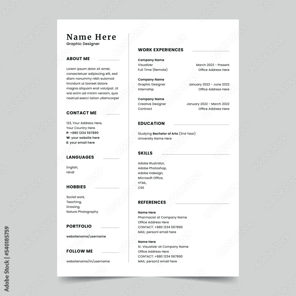 Professional Minimal Resume Design Templates Stock Vector | Adobe Stock
