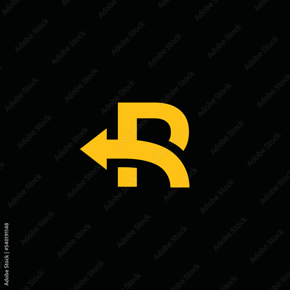 a logo letter R with a backward arrow element indicating a backward ...