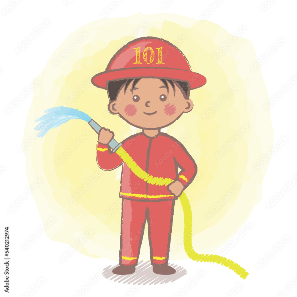 Kid firefighter vector illustration. Firefighter with firehose. Career ...