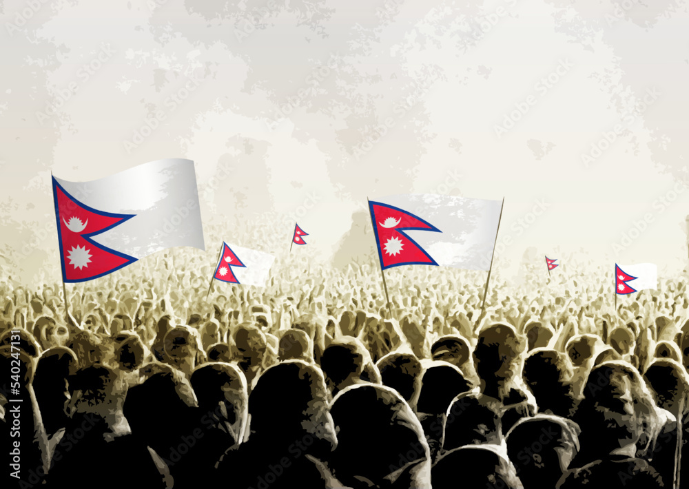 Crowd with the flags of Nepal, people cheering national team of Nepal ...