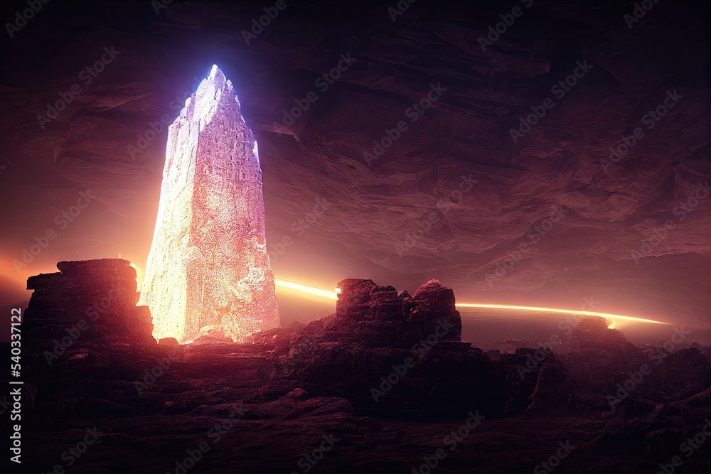 Ancient space architecture. Dark night fantasy landscape, light portal ...