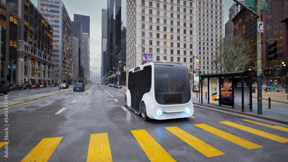 Autonomous electric bus self driving on street, Smart vehicle ...