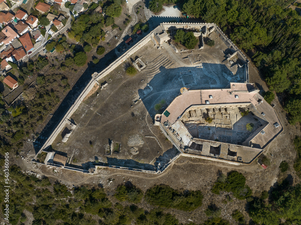 Aerial top down ground plan view of Chlemoutsi castle medieval hilltop ...