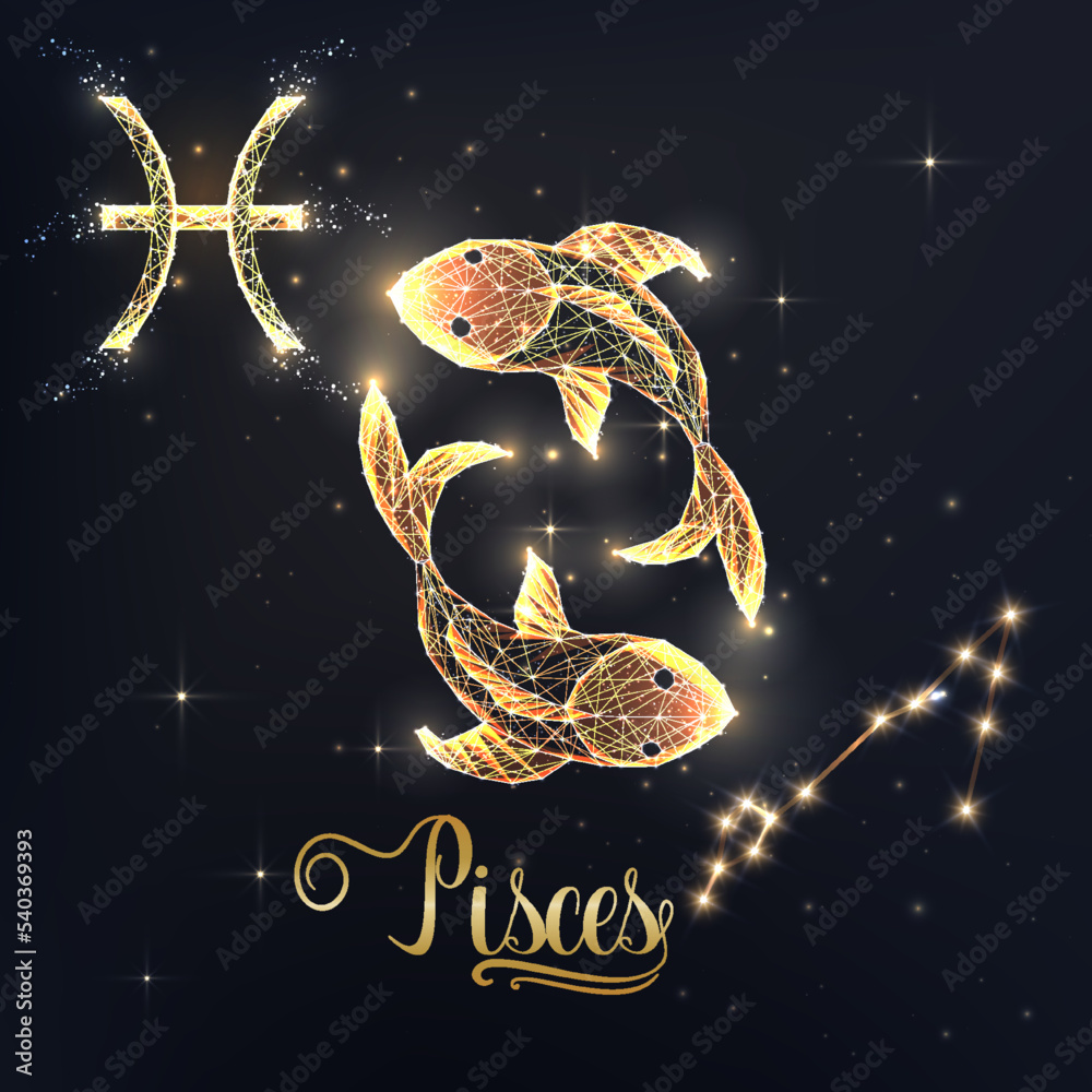 Gold Pisces zodiac sign poster with fish zodiac figure, symbol glyphs ...