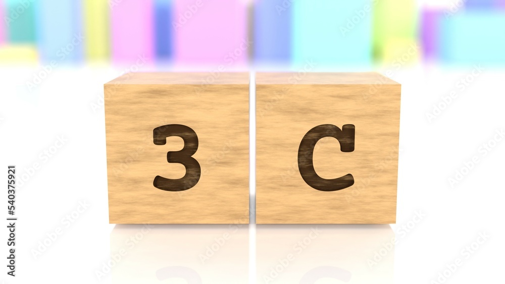 Word 3C chiselled on wooden cube blocks reflected on the bright table. Business concept. In the ...