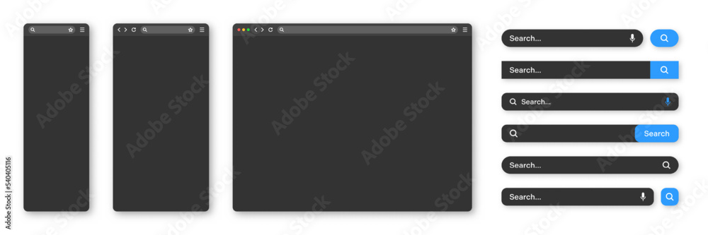 Blank internet browser window with various search bar templates, dark ...