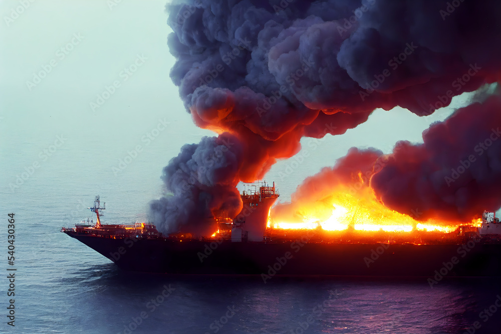 Fire on a cargo ship. A ship carrying liquefied gas is engulfed in flames. Explosion and fire on ...