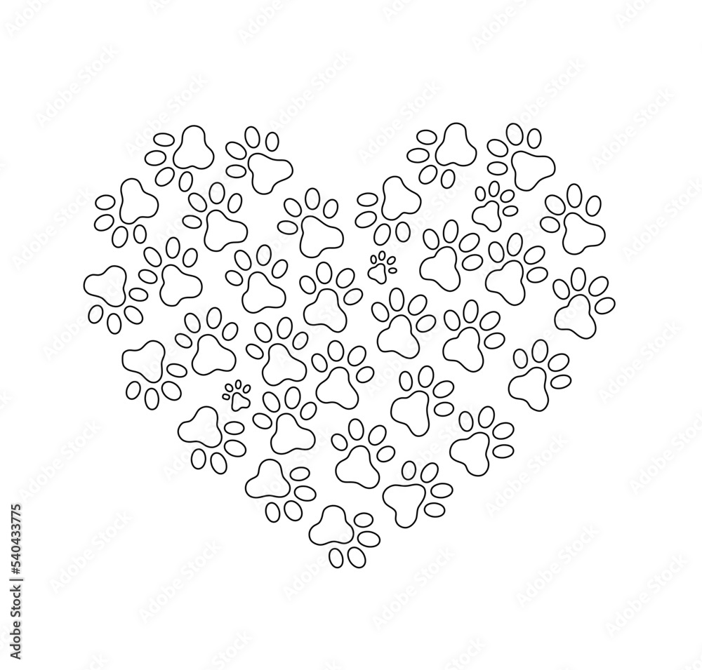 Vector isolated paw print heart contour line drawing stencil crafting ...