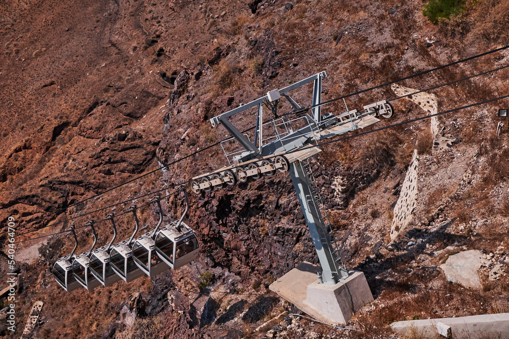 Cableway in Fira. Overhead cable car connecting the Fira harbor with ...