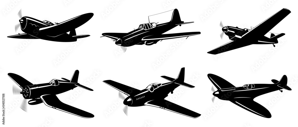 WWII Fighter Planes silhouettes collection isolated on white. Vector ...