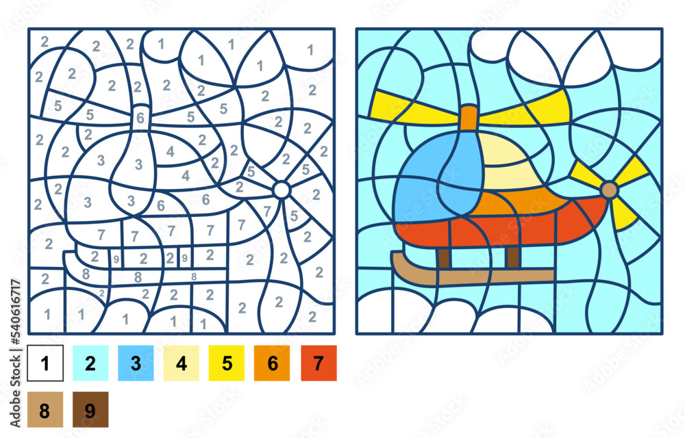 Puzzle game helicopter, color by number sheet for children. Vector ...