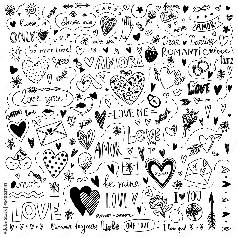 Set of love symbols, a large collection. Drawn sketch of love elements ...