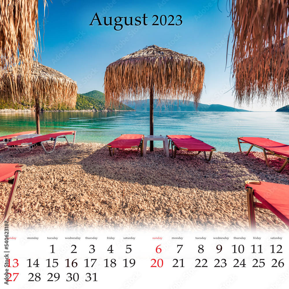 Square wall monthly calendar ready for print, August 2023. Set of ...