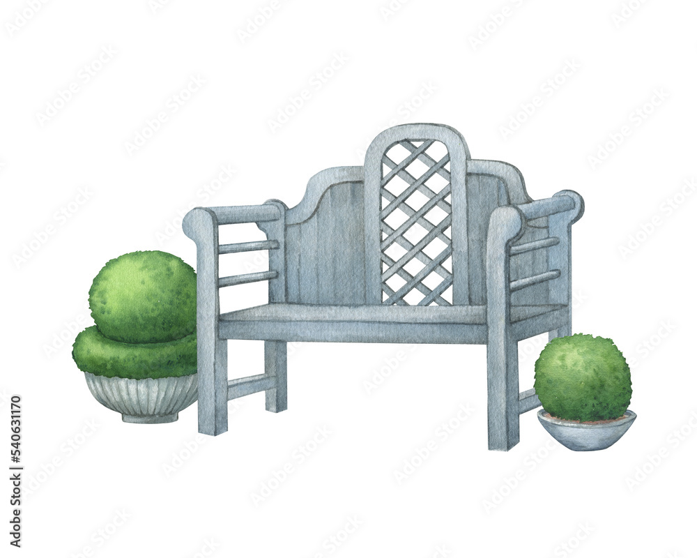 Modern garden bench wood and topiary, evergreen tree in pots. Outdoor ...