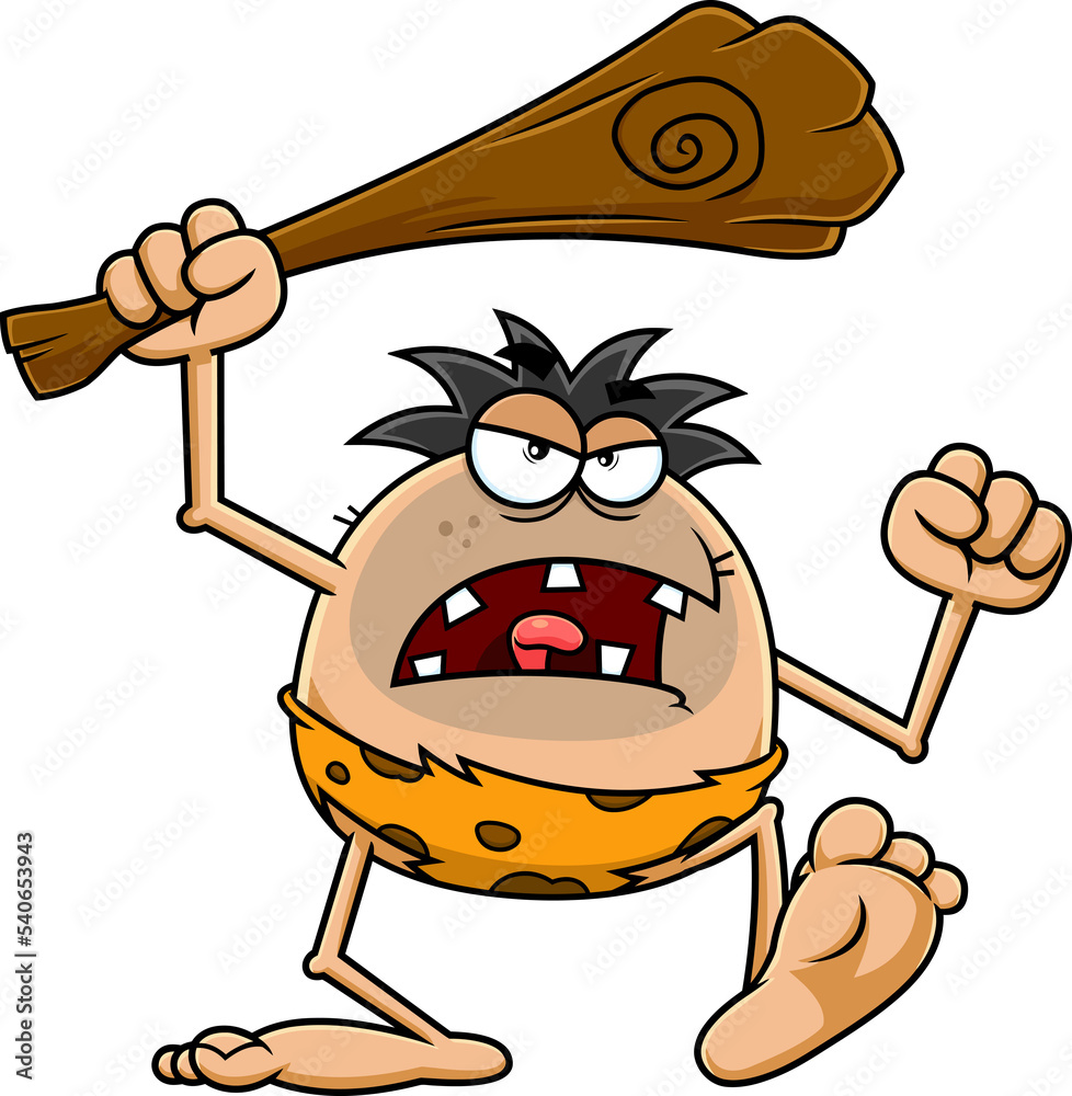 Angry Caveman Cartoon Character Swinging Club. Hand Drawn Illustration ...