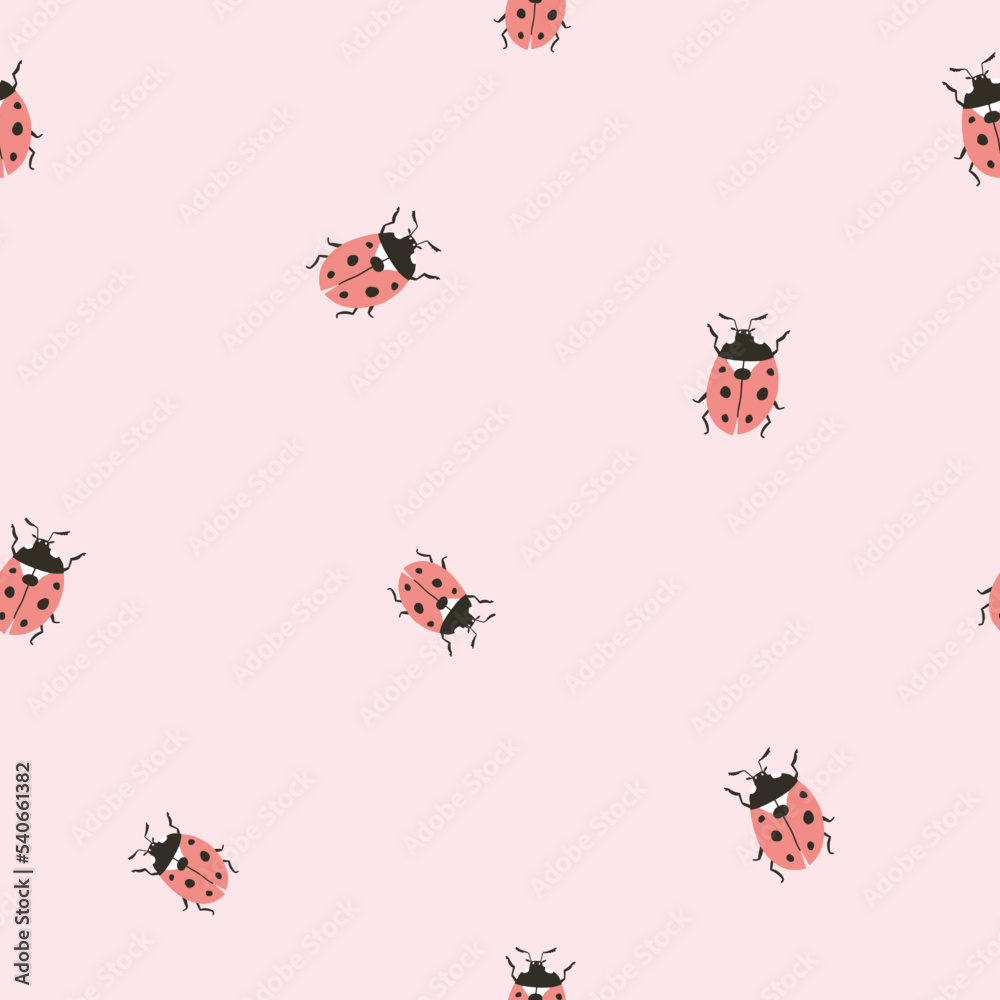 Vector insect seamless pattern. Hand-drawn ladybugs on the pink ...