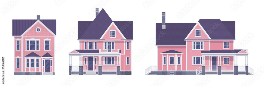 Beautiful light pink house cartoon set. Mansion erker element, housing ...