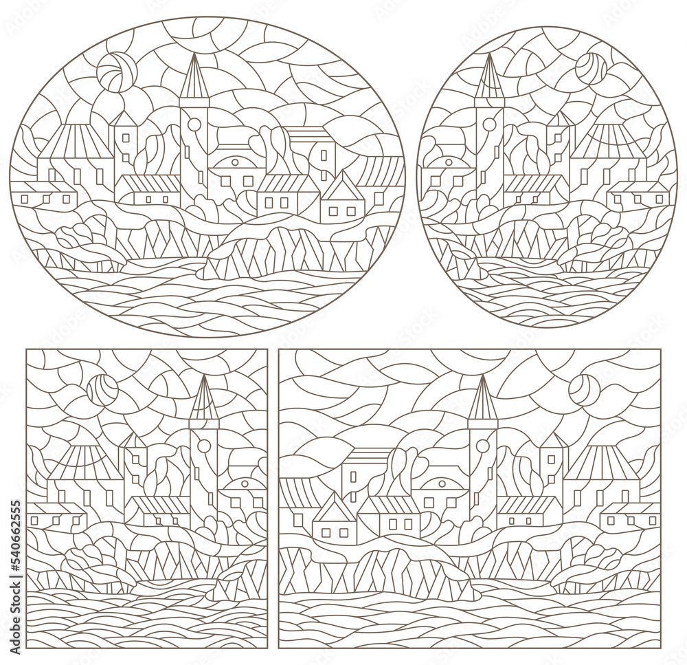 A set of contour illustrations in the style of stained glass with urban ...