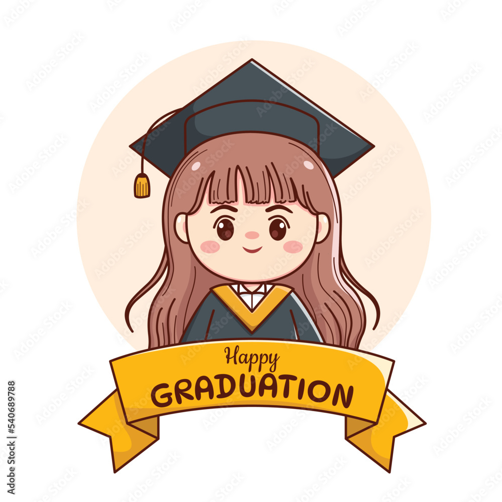 banner or ribbon happy graduation long hair girl cute kawaii chibi ...