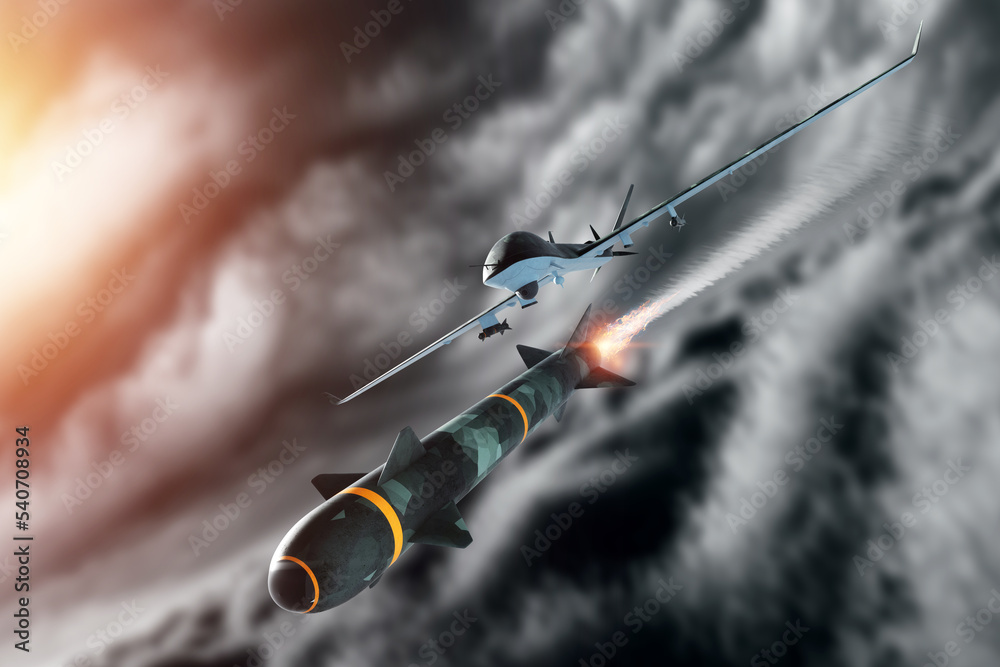 UAV military combat drone launches a combat missile. Modern aircraft ...
