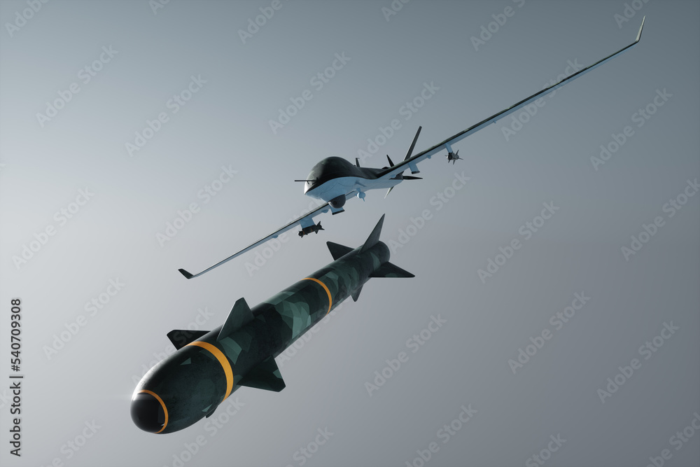 Ilustrace UAV military combat drone launches a combat missile. Modern ...