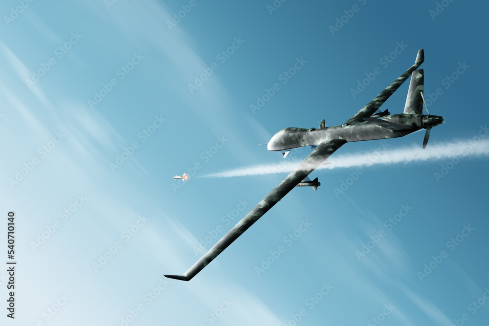 UAV military combat drone launches a combat missile. Modern aircraft, army of the future ...