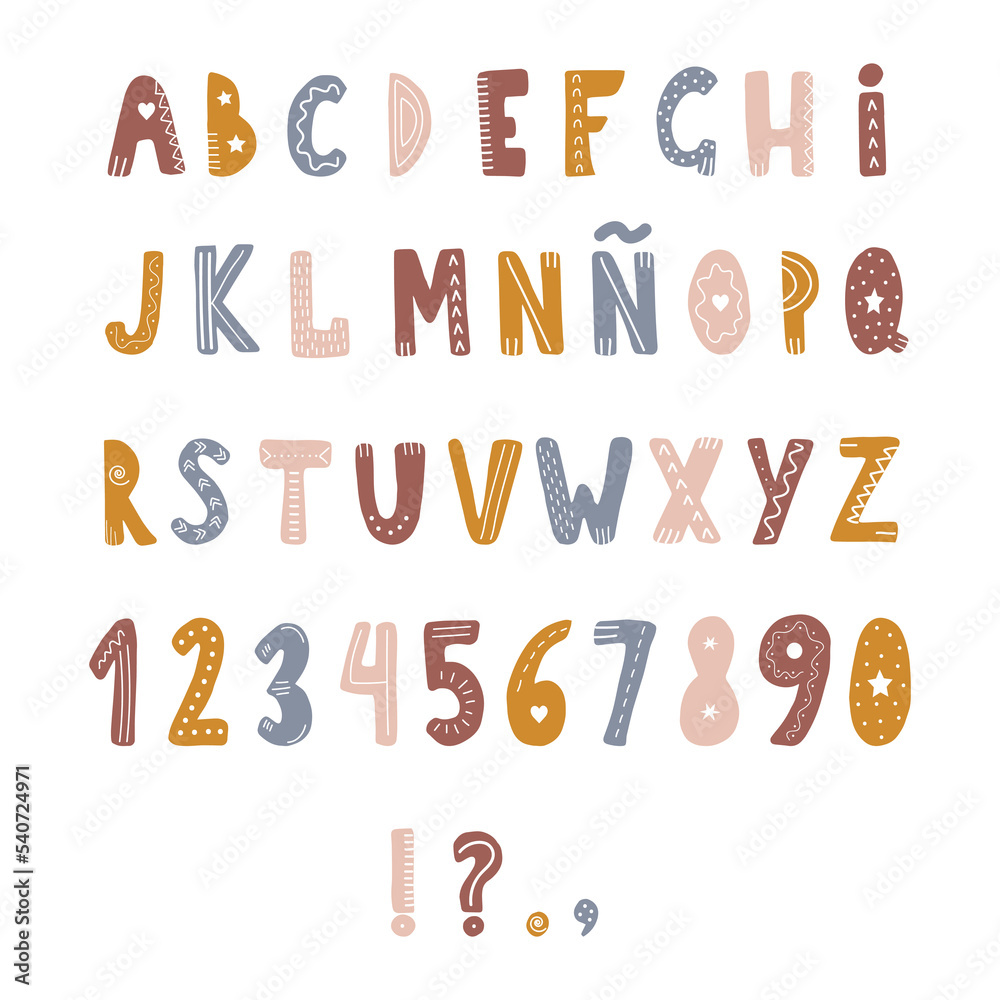 Hand drawn spanish alphabet in boho style. Cute childish letters and ...